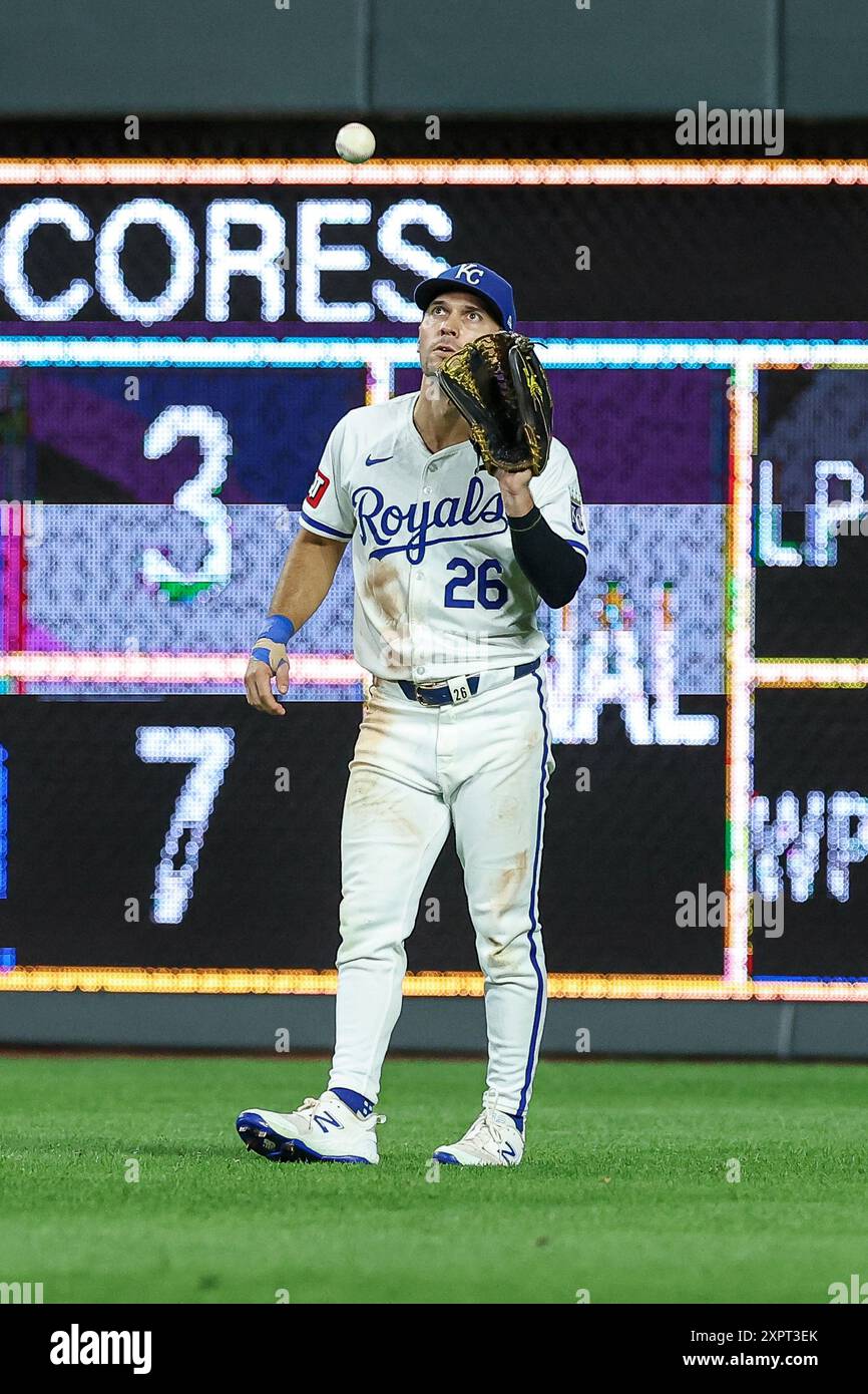 August 6, 2024: Kansas City Royals outfielder Adam Frazier (26) catches ...