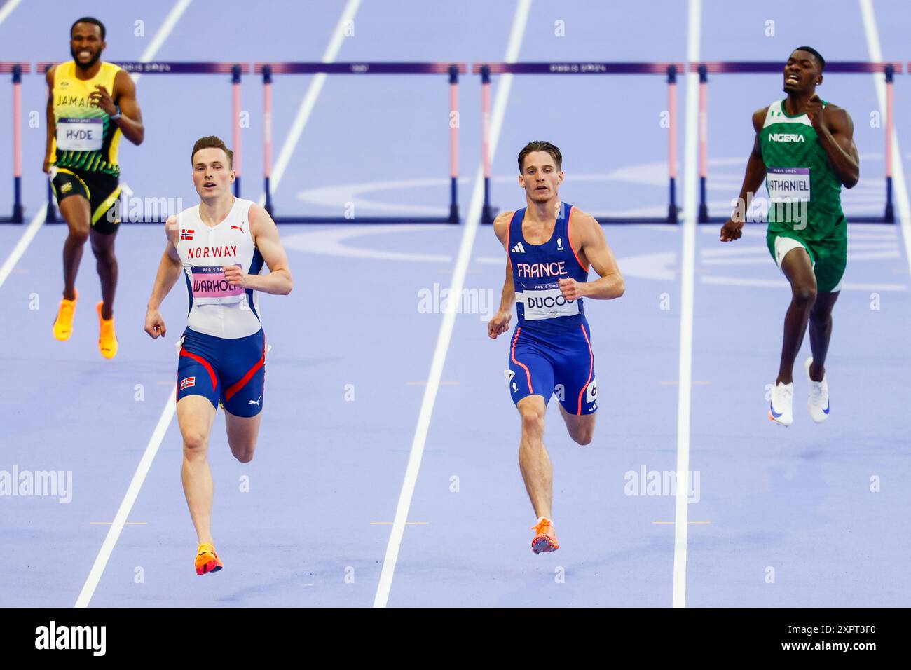 Clement Ducos of France and Karsten Warholm of Norway compete during ...