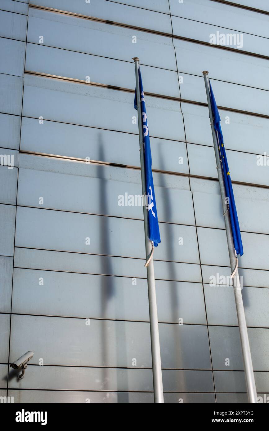 Flags of FRONTEX and the European Union are seen unwaving outside the ...