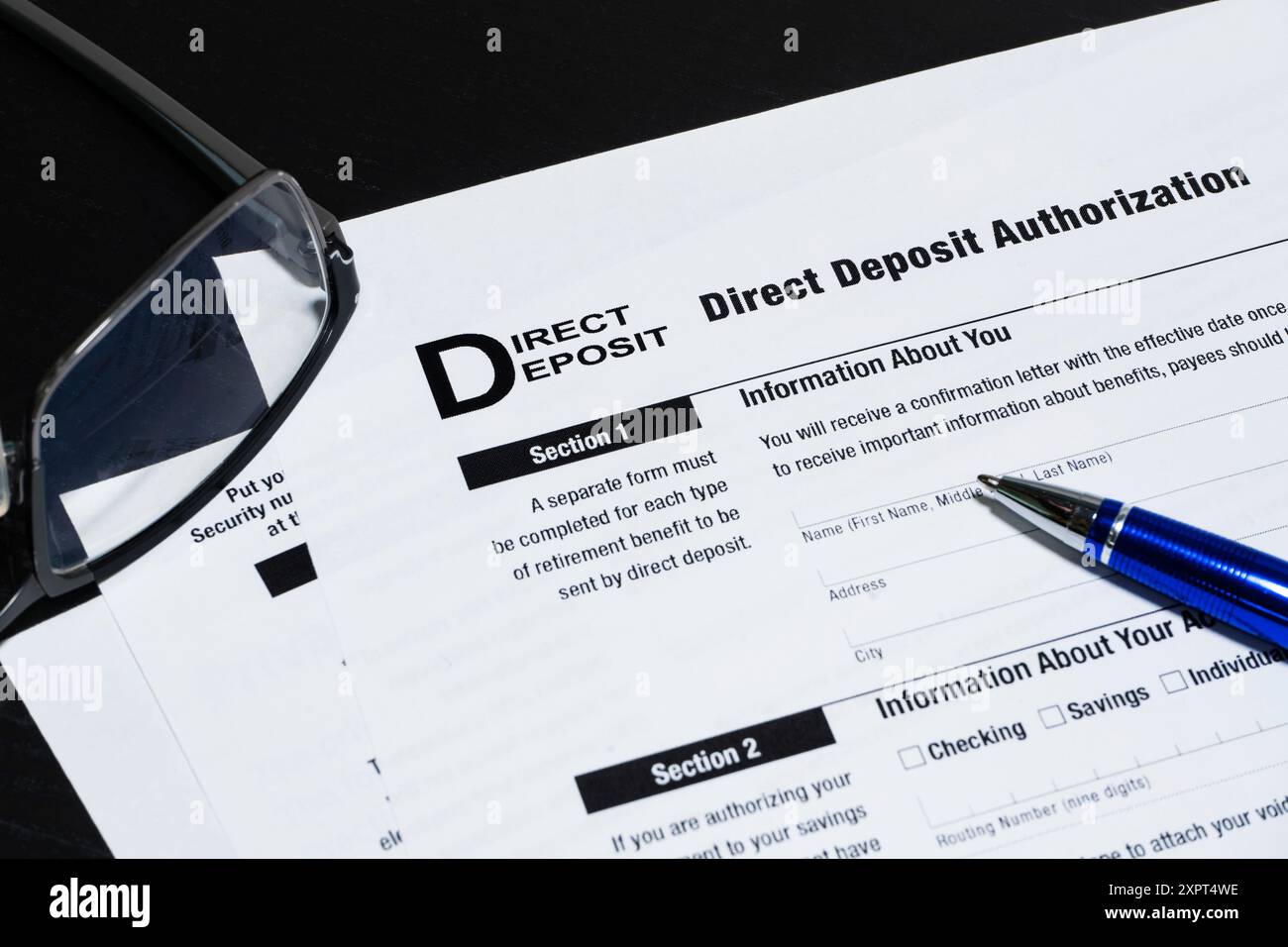 Close up of corner of generic direct deposit authorization form Stock ...