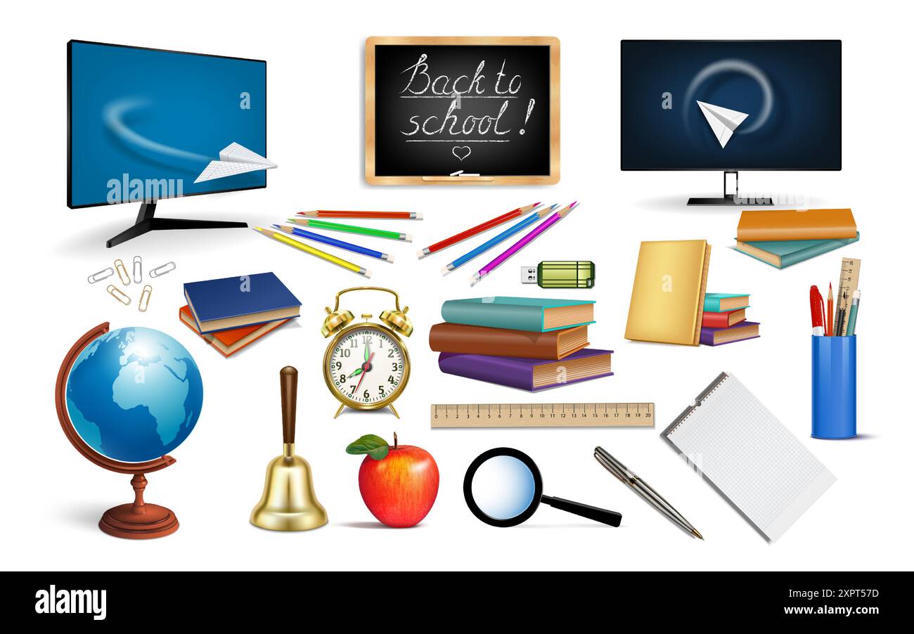 Back to school set of supplies and objects for education in 3D ...