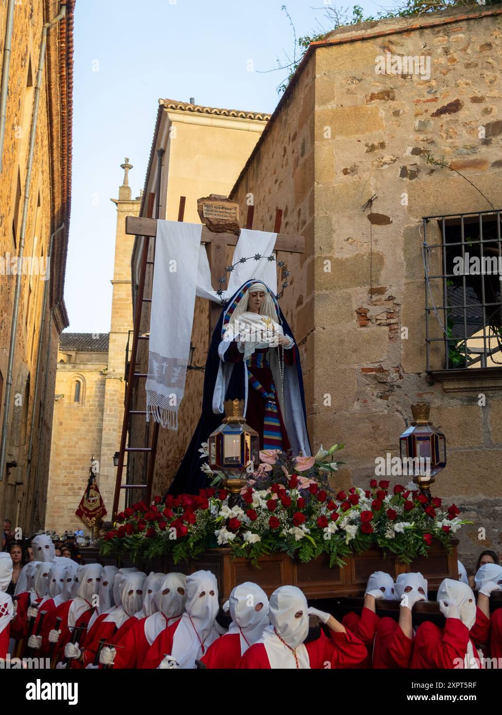 Virgin Mary float carried by the brotherhood in Caceres Holy Week Stock ...