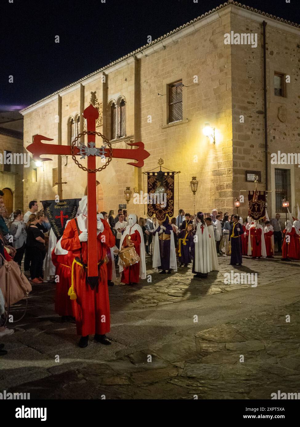 Caceres Holy Week Good End night procession with hooded costumes Stock ...