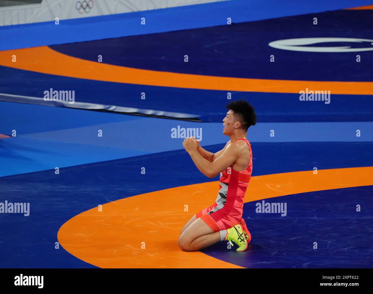 Japan's KUSAKA Nao reacts after winning the Men's Greco-Roman 77kg ...