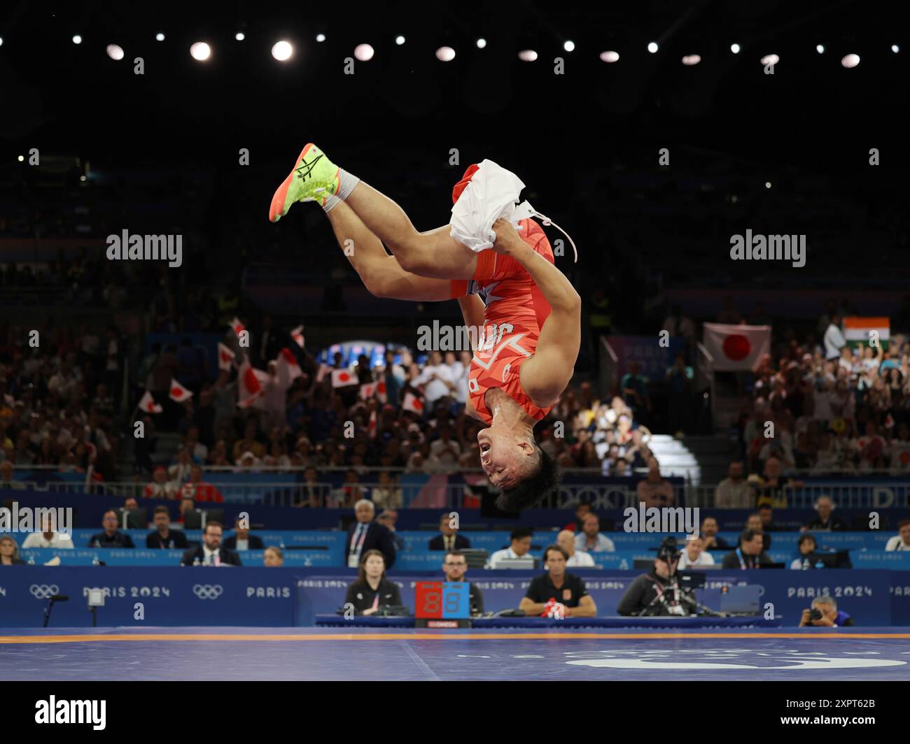 Japan's KUSAKA Nao reacts after winning the Men's Greco-Roman 77kg ...