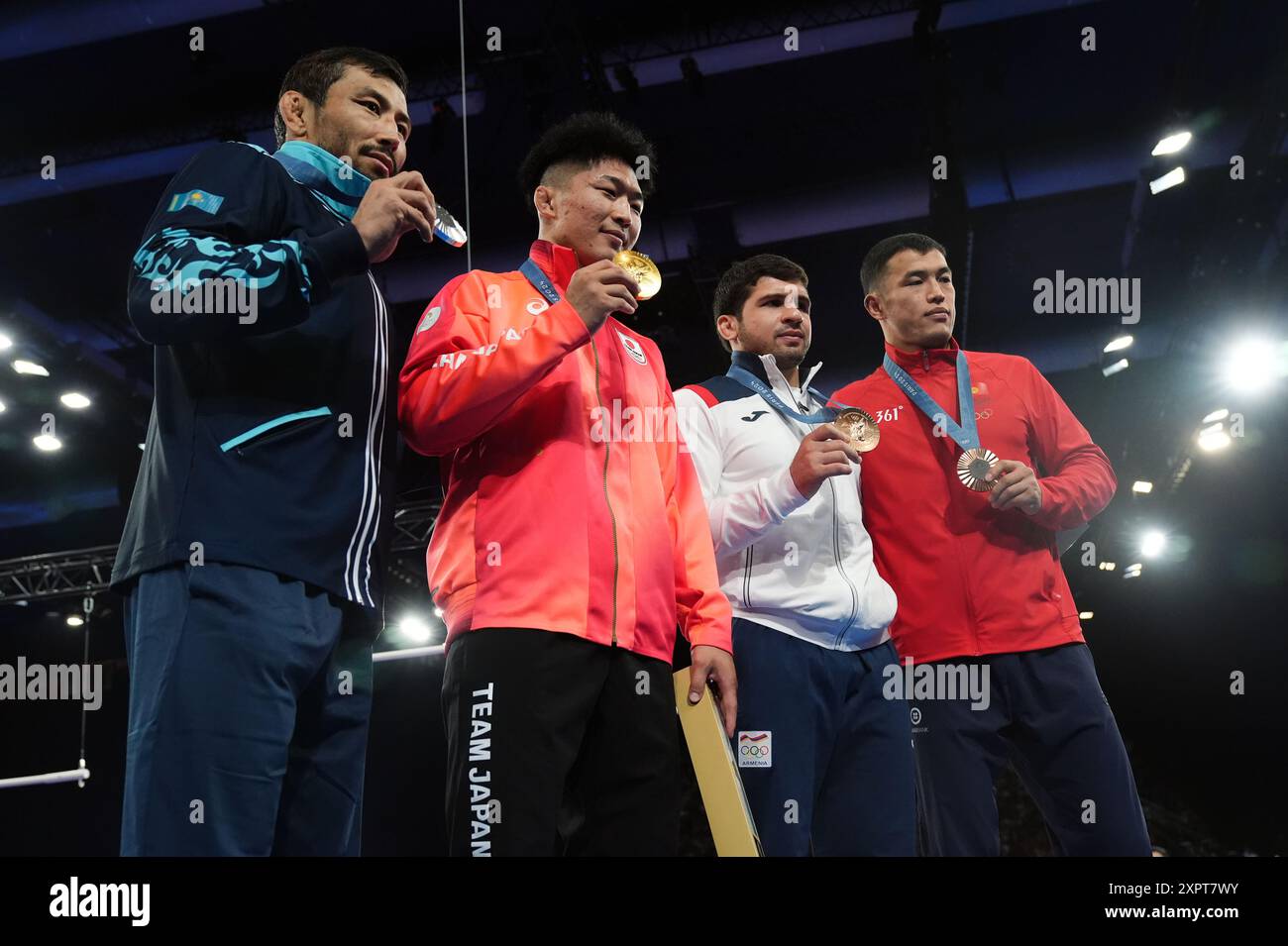 Gold medalist Nao Kusaka of Japan (C), Silver medalist Demeu Zhadrayev ...