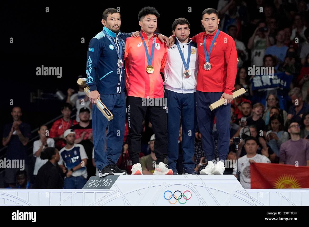 Medalists, from left, Kazakhstan's Demeu Zhadrayev, silver, Japan's Nao ...