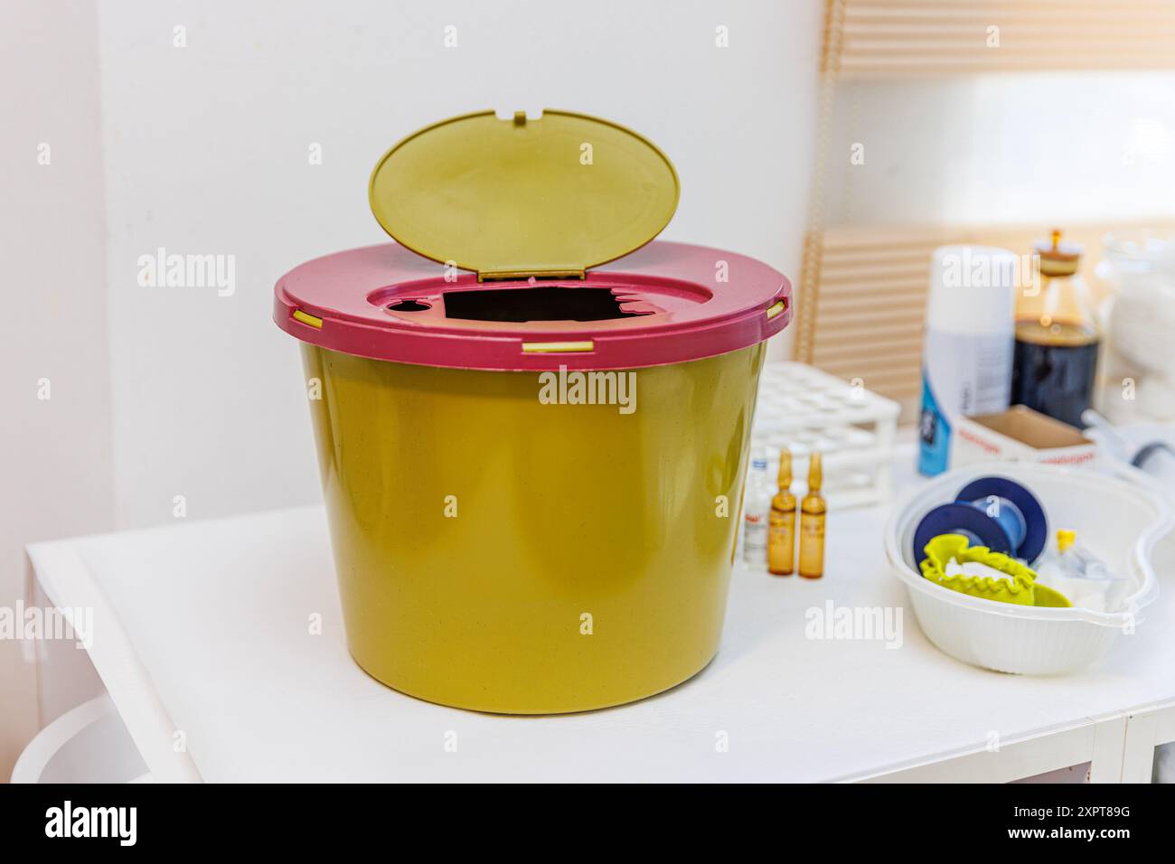 Medical garbage can. Container for hazardous waste in hospital. Throw ...