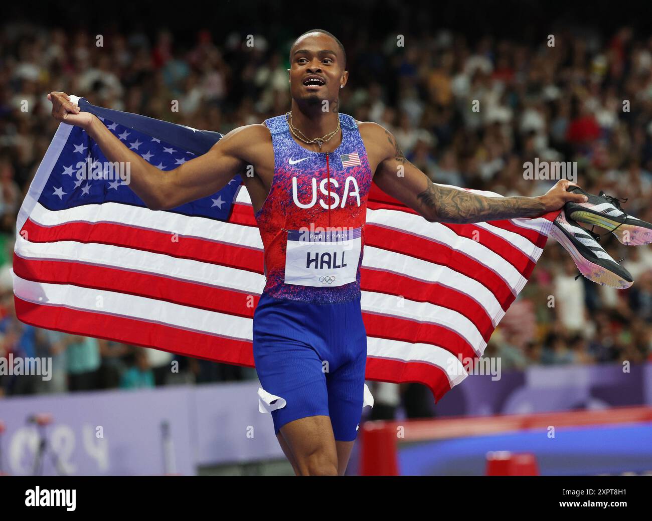 Paris, France. 07th Aug, 2024. Quincy Hall of the U.S. celebrates after ...