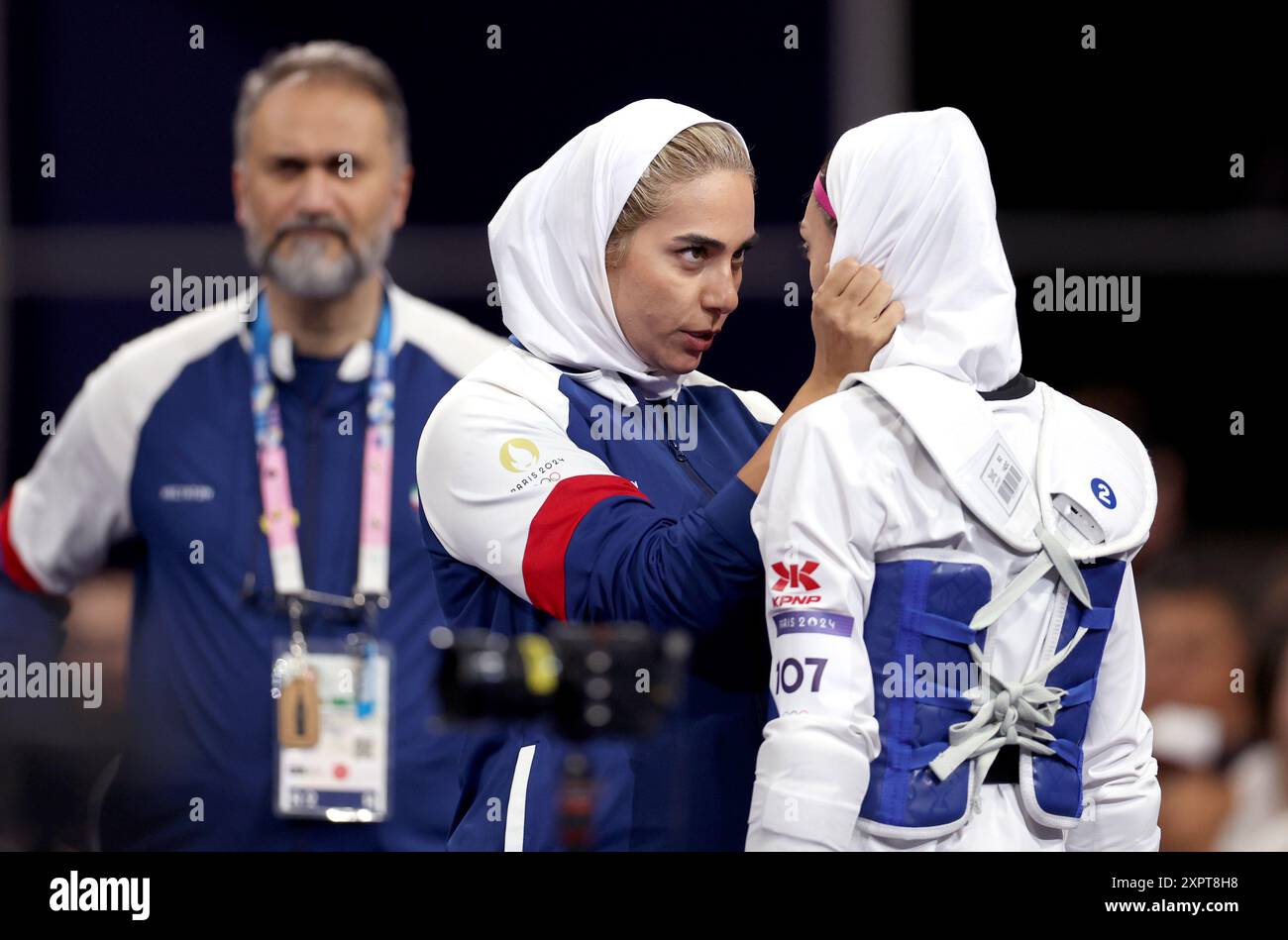 Paris, France. 7th Aug, 2024. Mobina Nematzadeh (R) of Iran talks with ...