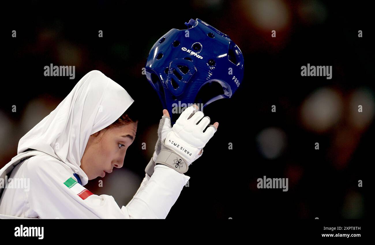 Paris, France. 7th Aug, 2024. Mobina Nematzadeh of Iran puts on her ...