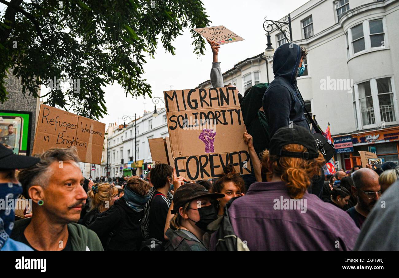 Brighton UK 7th August 2024 - Thousands of anti fascist supporters and ...