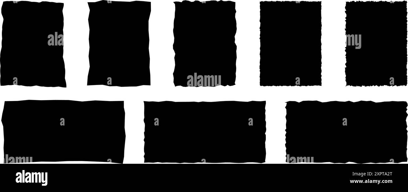 Set of torn paper pieces. Black grunge jagged rectangle and square ...