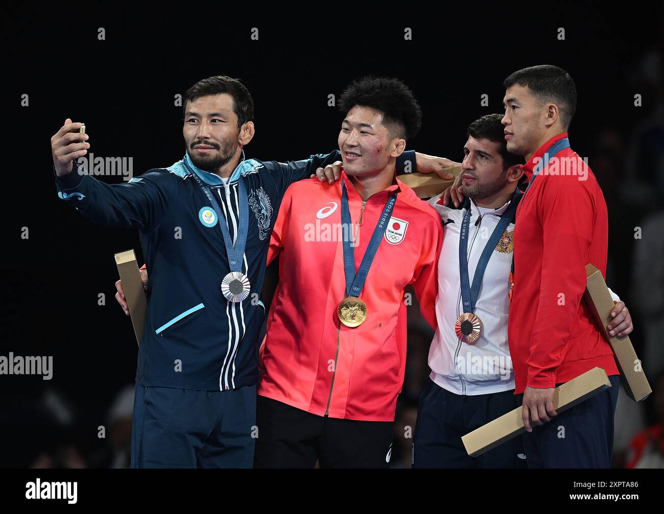 Paris, France. 7th Aug, 2024. Silver medallist Demeu Zhadrayev of ...