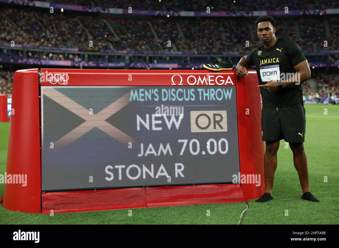 Paris, France. 7th Aug, 2024. Roje Stona of Jamaica poses with his new ...