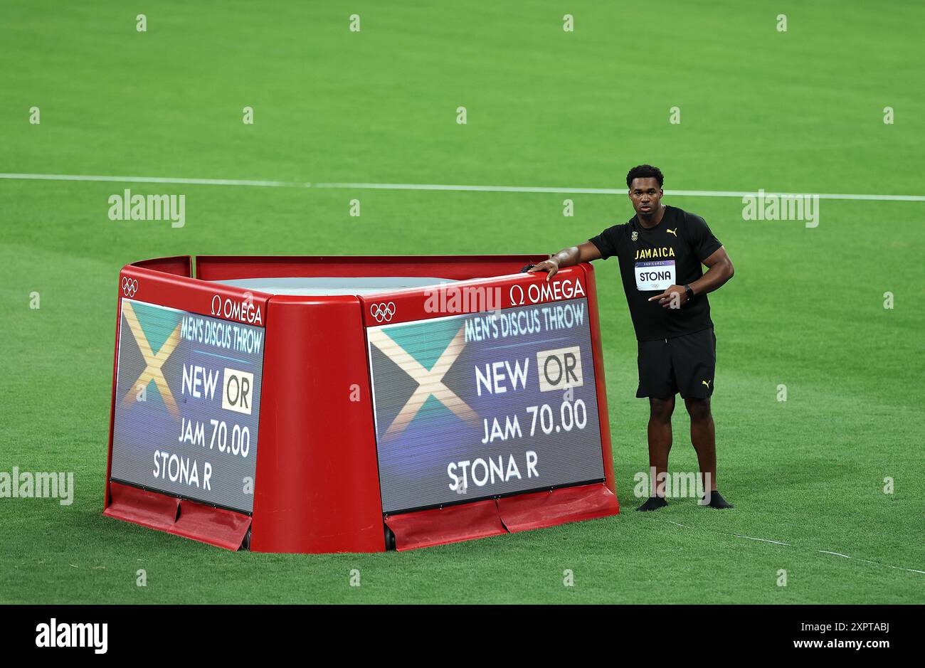 Paris, France. 7th Aug, 2024. Roje Stona of Jamaica poses with his new ...