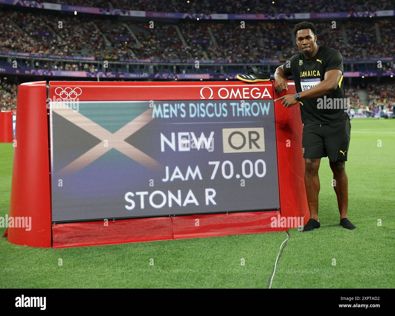 Paris, France. 7th Aug, 2024. Roje Stona of Jamaica poses with his new ...