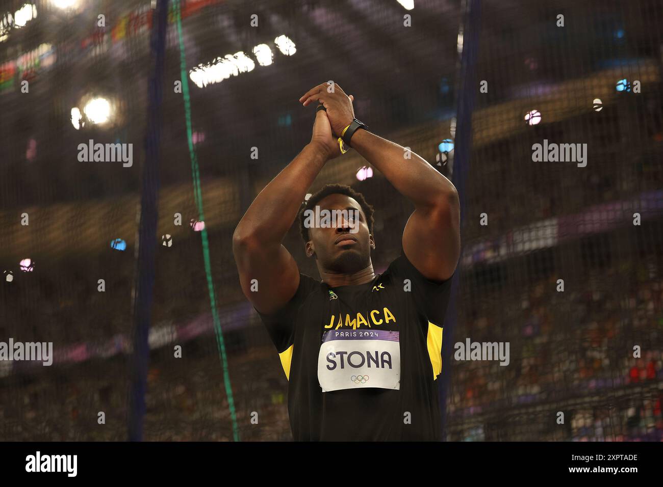 Paris, France. 7th Aug, 2024. Roje Stona of Jamaica reacts during the ...