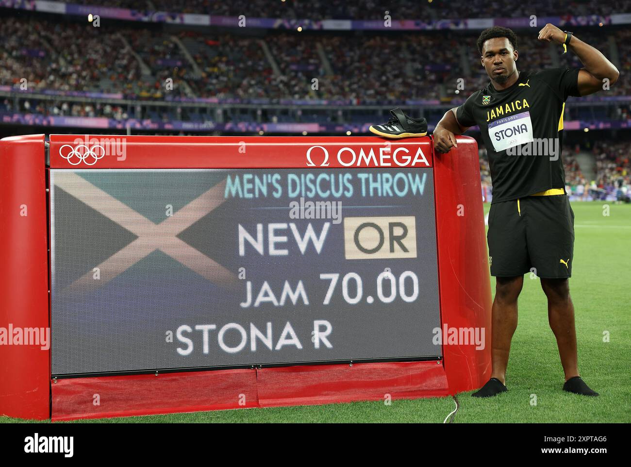 Paris, France. 7th Aug, 2024. Roje Stona of Jamaica poses with his new ...