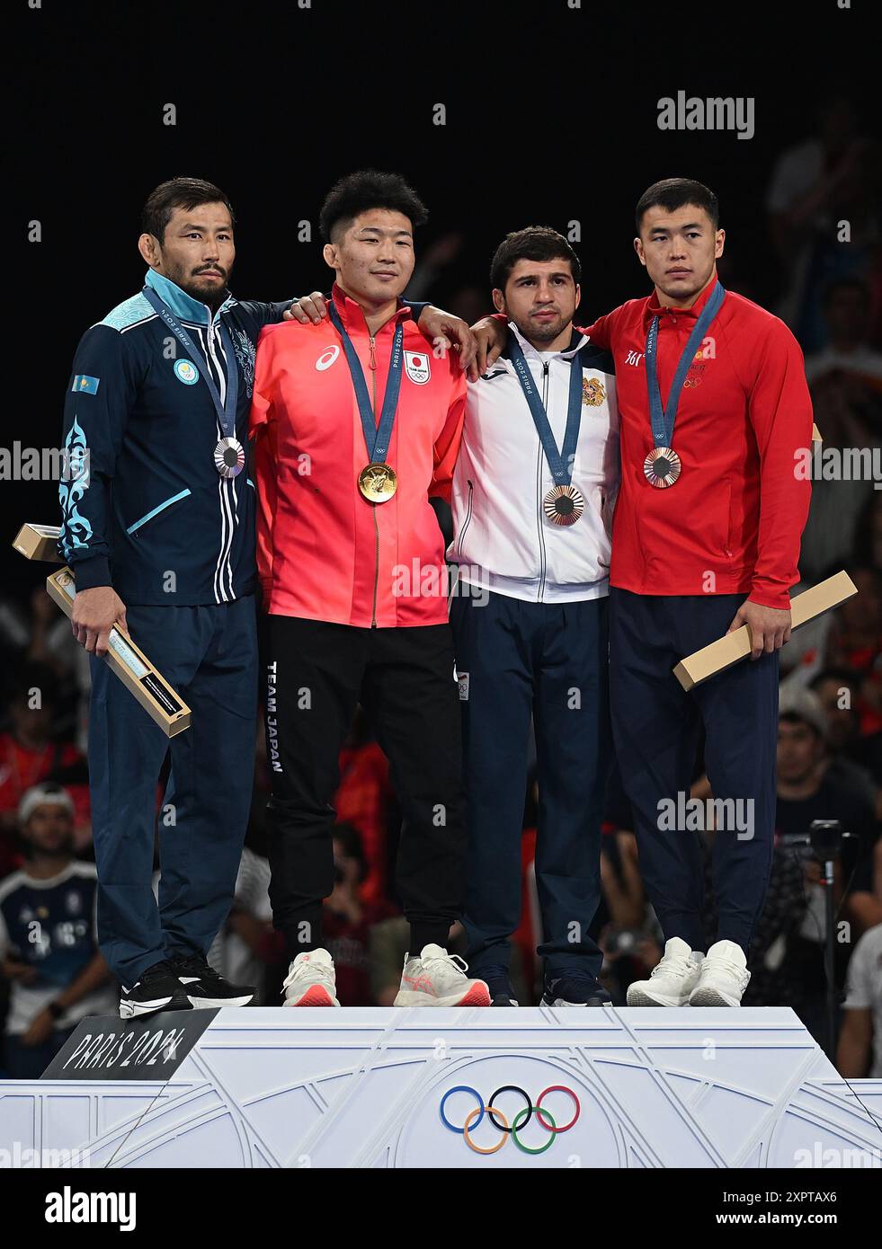 Paris, France. 7th Aug, 2024. Silver medallist Demeu Zhadrayev of ...