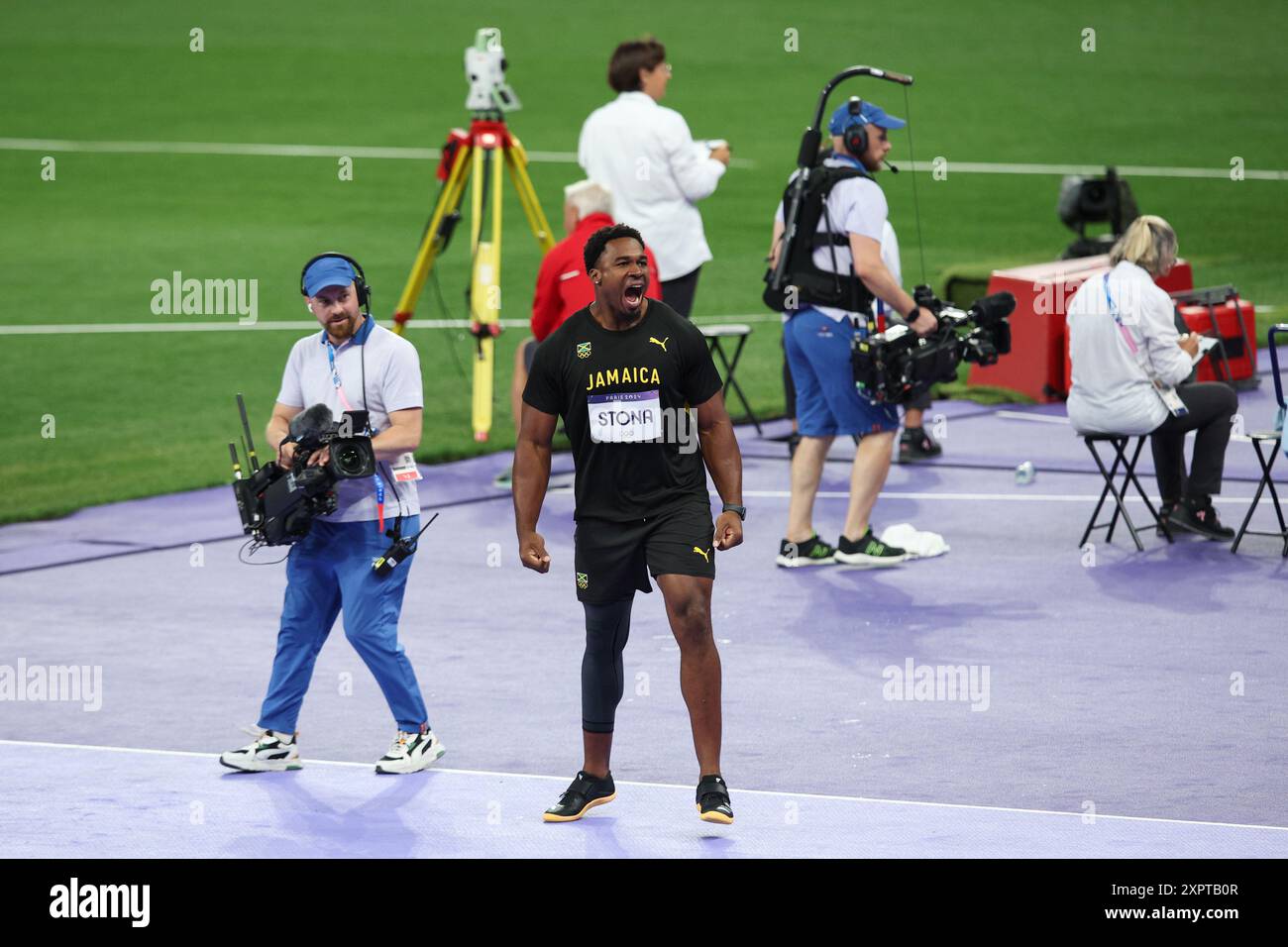 PARIS, FRANCE. 7th Aug, 2024. Roje Stona of Team Jamaica celebrates ...