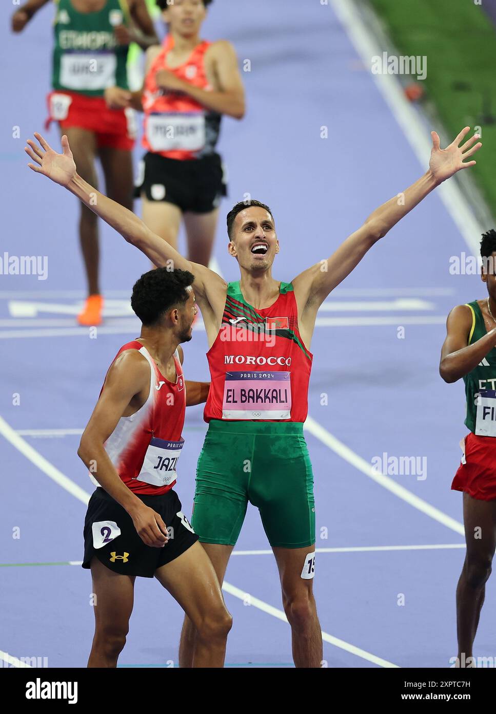 Paris, France. 7th Aug, 2024. Soufiane El Bakkali (C) of Morocco ...