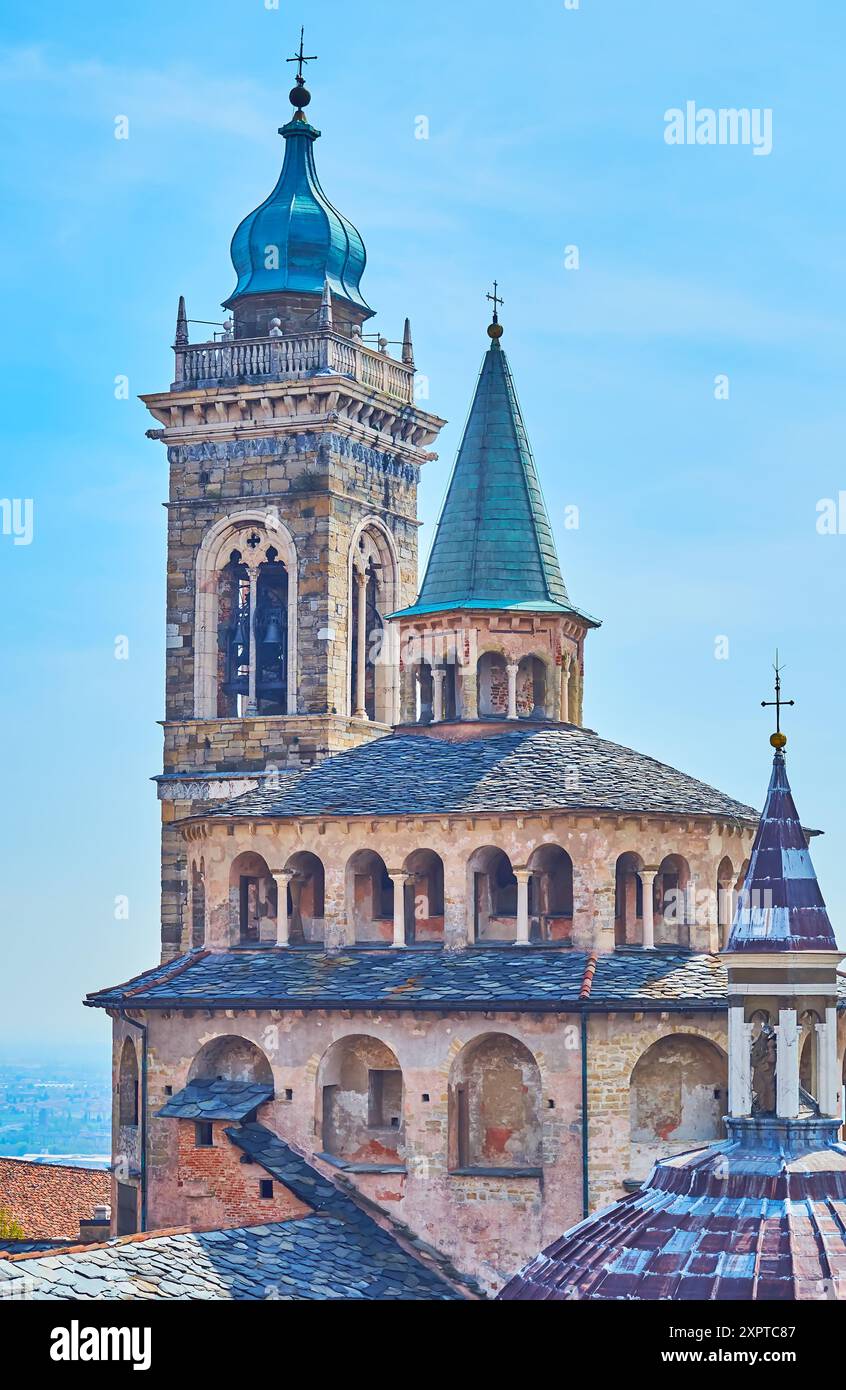 The medieval stone bell tower and dome of Basilica of Santa Maria ...