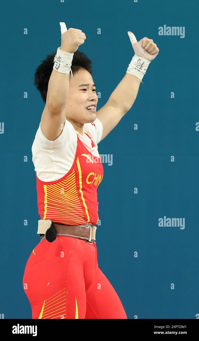 Paris, France. 7th Aug, 2024. Hou Zhihui of China celebrates after ...