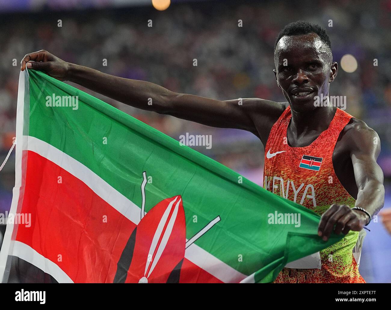 Paris, France. 7th Aug, 2024. Abraham Kibiwot of Kenya celebrates after ...