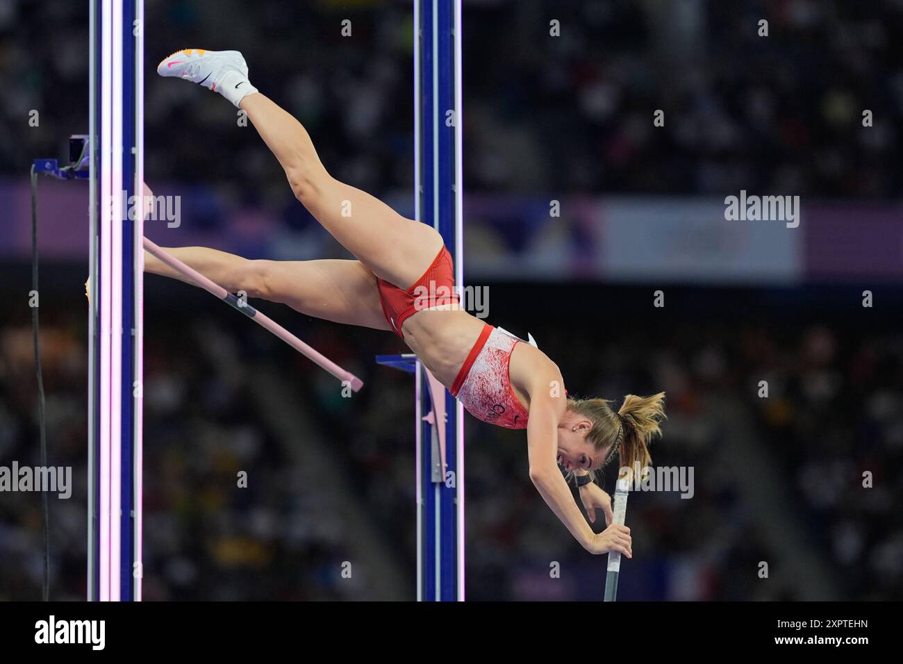 Alysha Newman, of Canada, competes in the women's pole vault final at ...