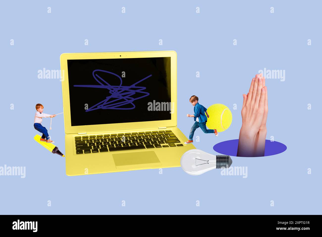 Creative image collage laptop digital device human hands please ask ...