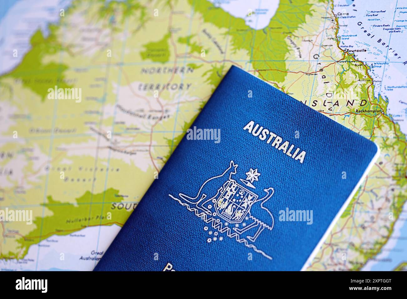 KYIV, UKRAINE - JULY 10, 2024 Australian blue travel passport on ...