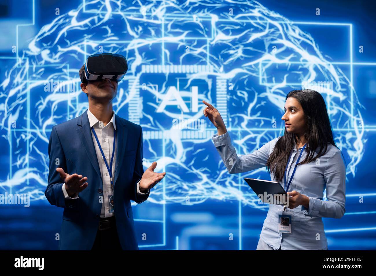 Technicians use VR smart goggles and AI neural networks to solve company problems. IT ...