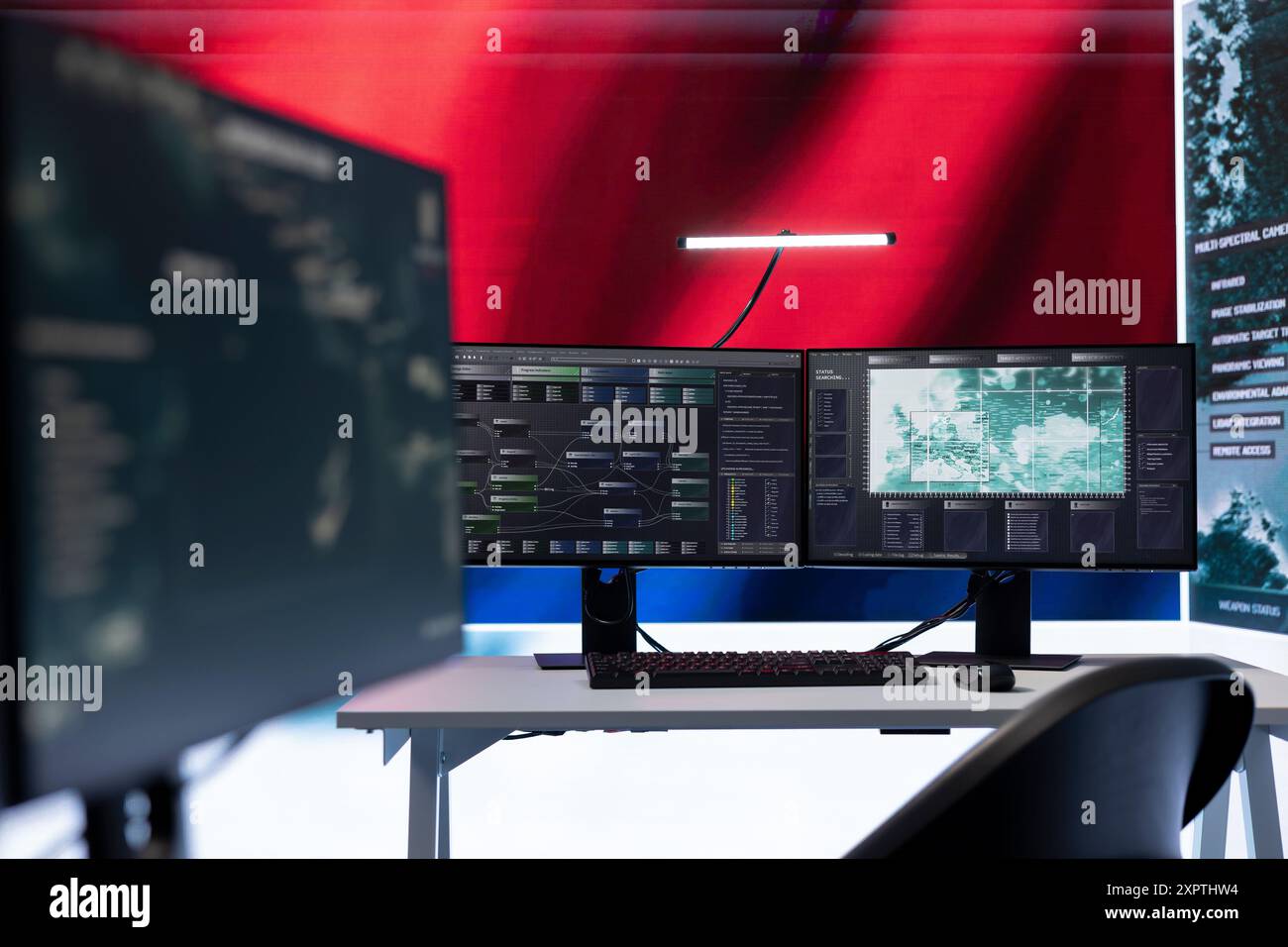 Dangerous army operations room presenting the North Korea flag on big ...