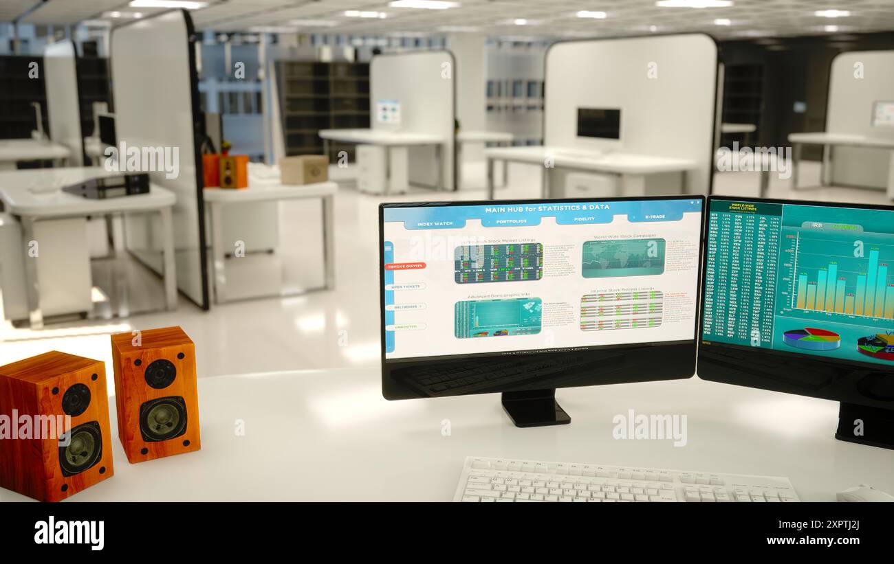 White modern open office area with sleek partitioned desks and ...