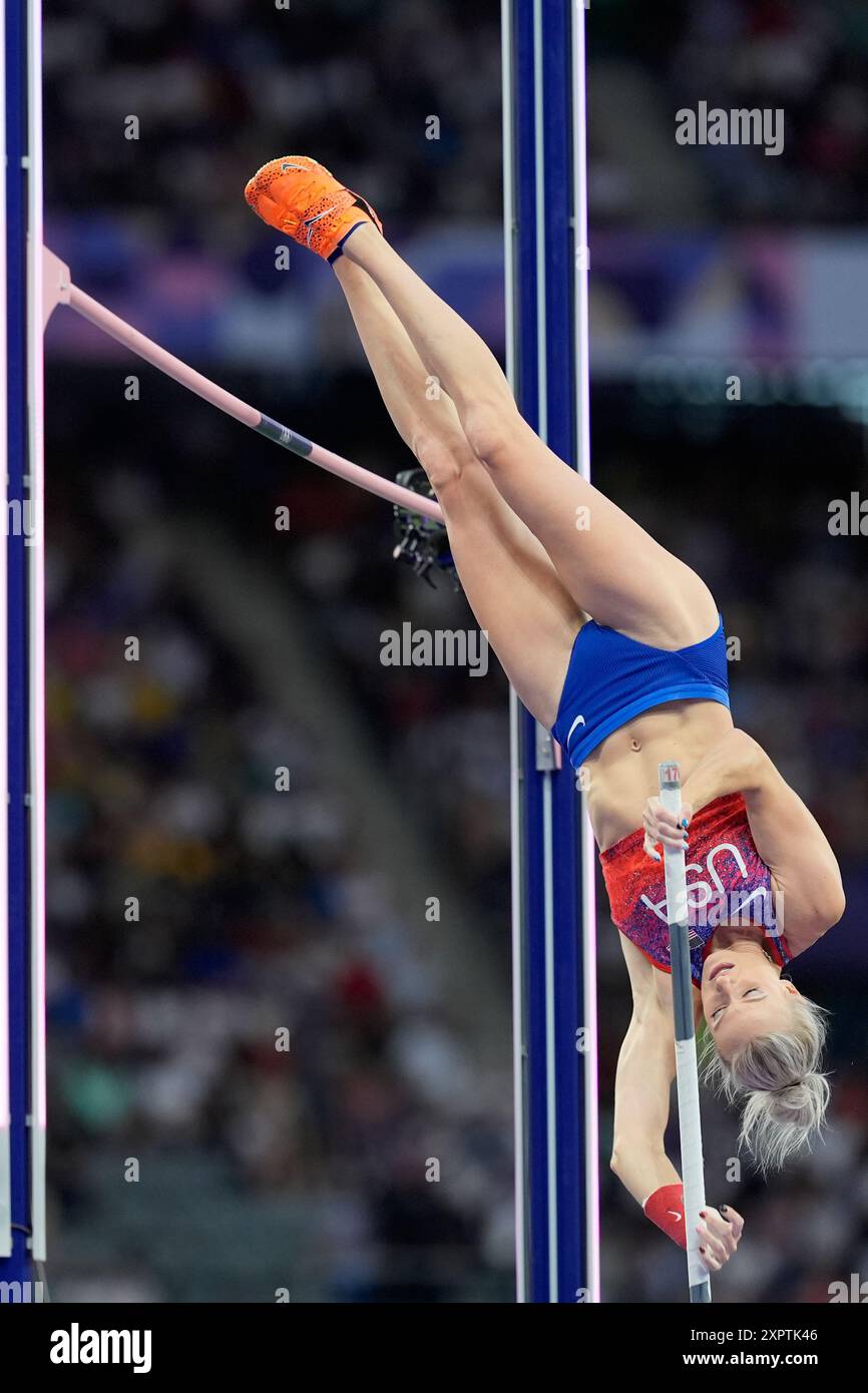Katie Moon, of the United States competes in the women's pole vault ...