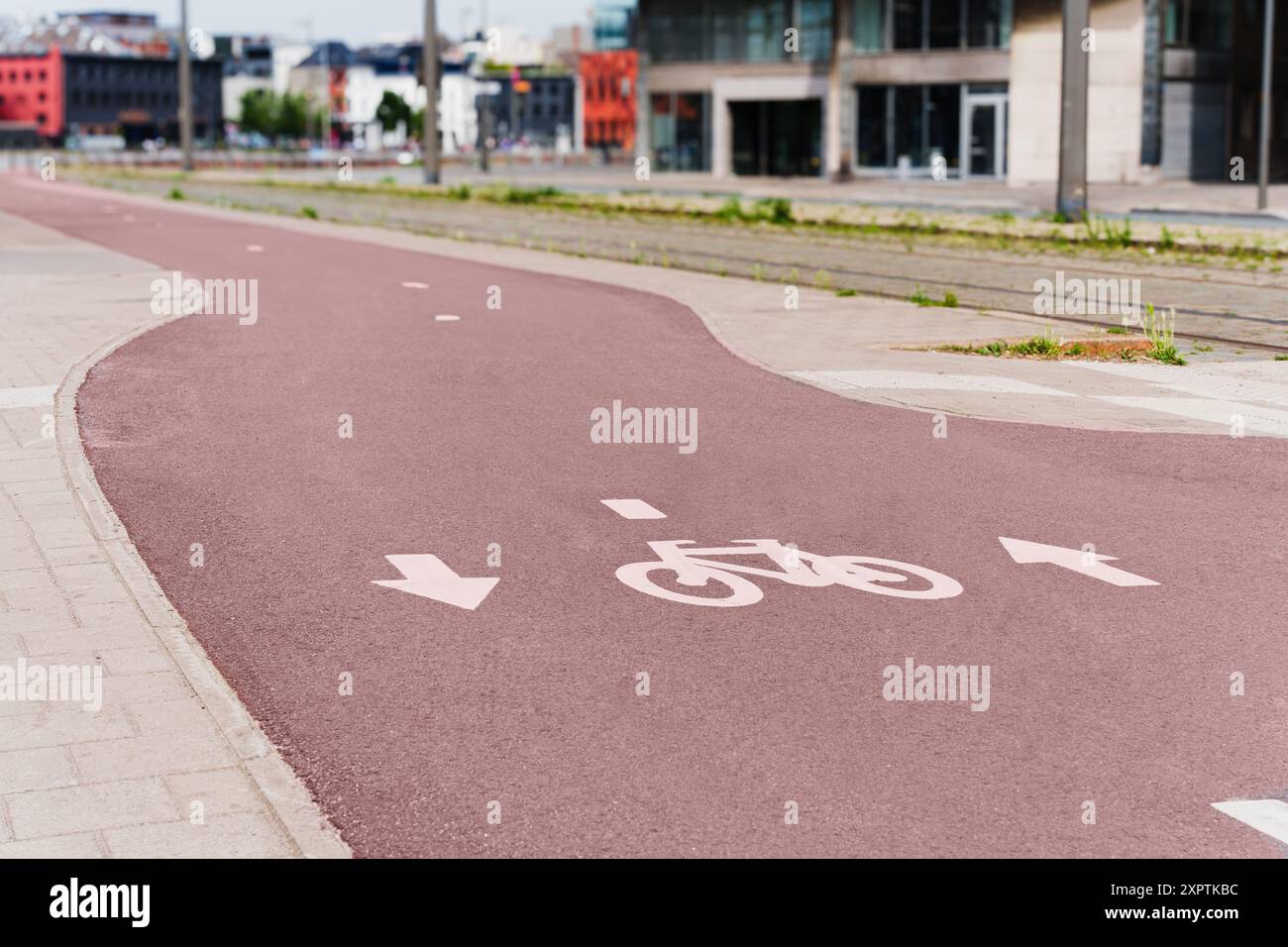 Dedicated modern bicycle path with clear markings and arrows in a city ...