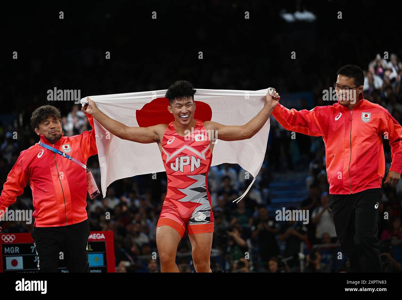 Paris, France. 7th Aug, 2024. Kusaka Nao (C) of Japan celebrates after ...