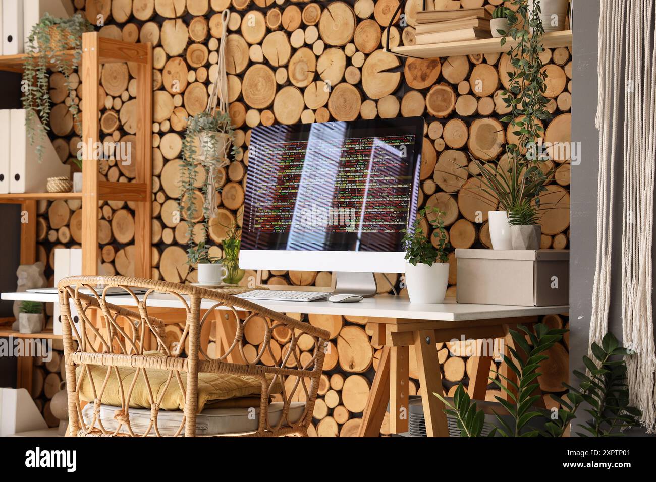 Stylish workplace of programmer with modern computer in light office ...