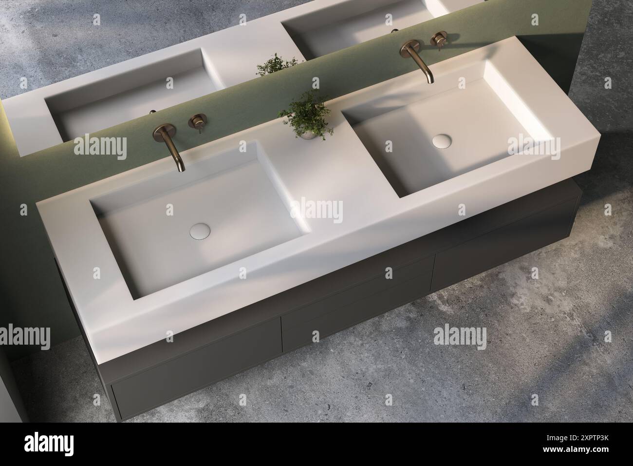 A bathroom sink with a green plant in a pot on top of it. The sink is ...