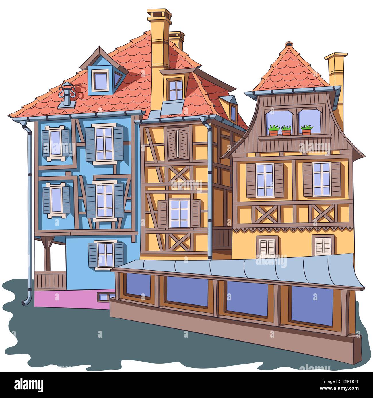 Vector drawing of old half-timbered houses above the canal in the city ...
