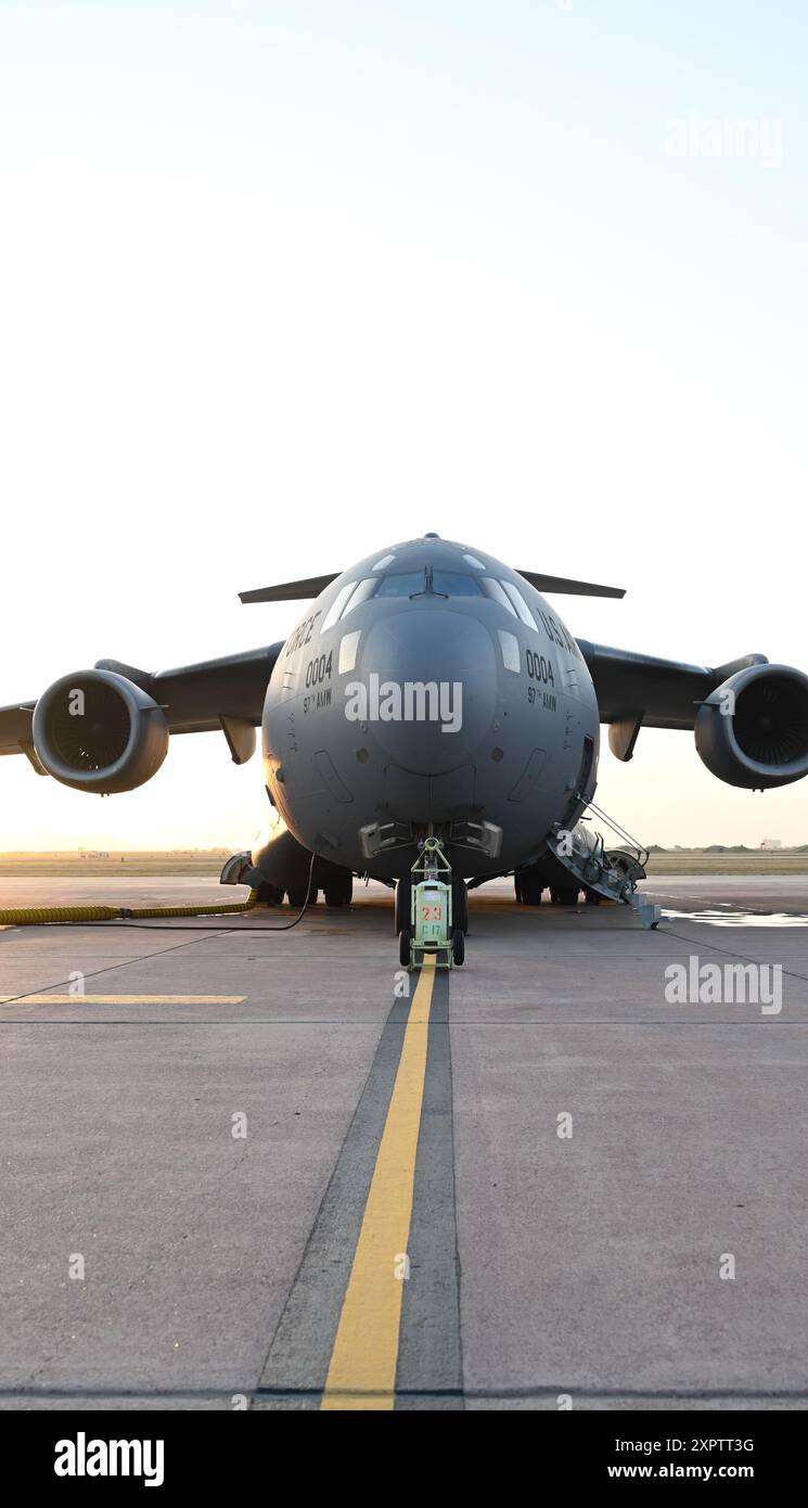 A C-17 sits on the flight line at Altus Air Force Base, Oklahoma, July 31, 2024. The aircraft is ...