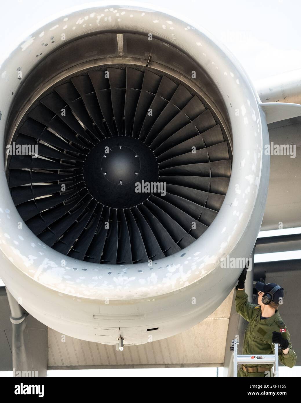 A Royal Canadian Air Force crew chief inspects a C-177 “Globemaster III ...