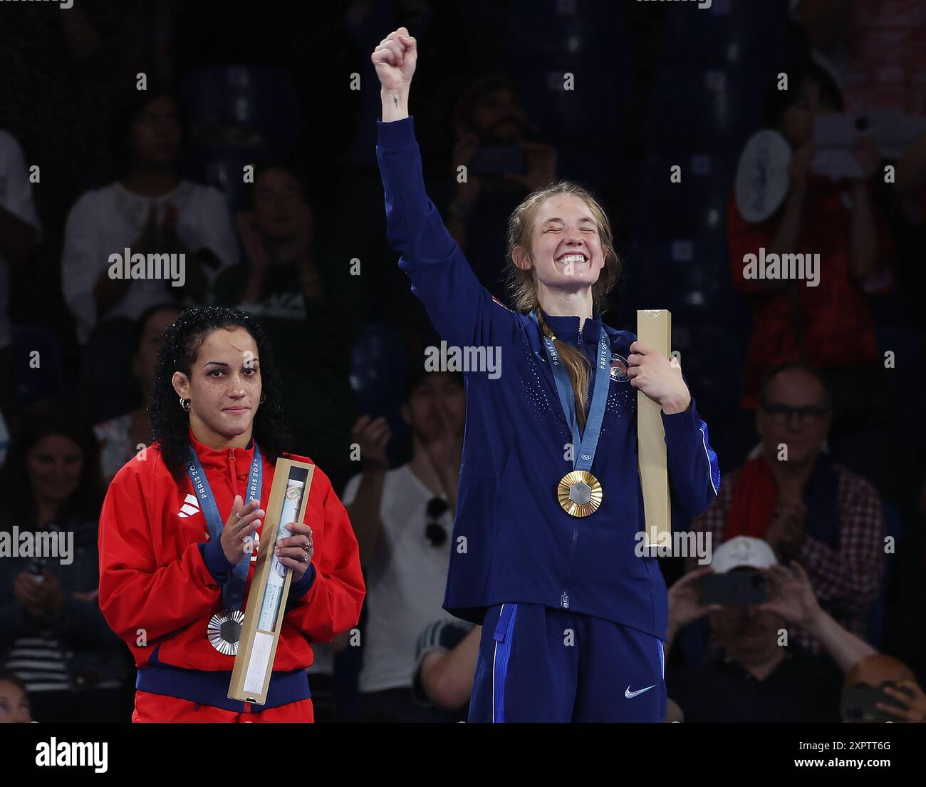 Paris, France. 7th Aug, 2024. Silver medalist Yusneylis Guzman Lopez (L ...