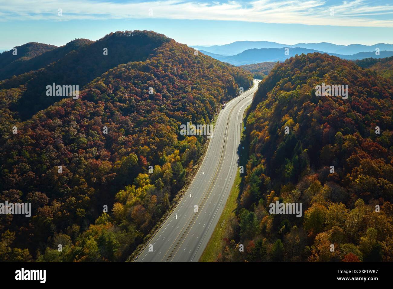 Aerial view of empty I-40 freeway in North Carolina leading to ...