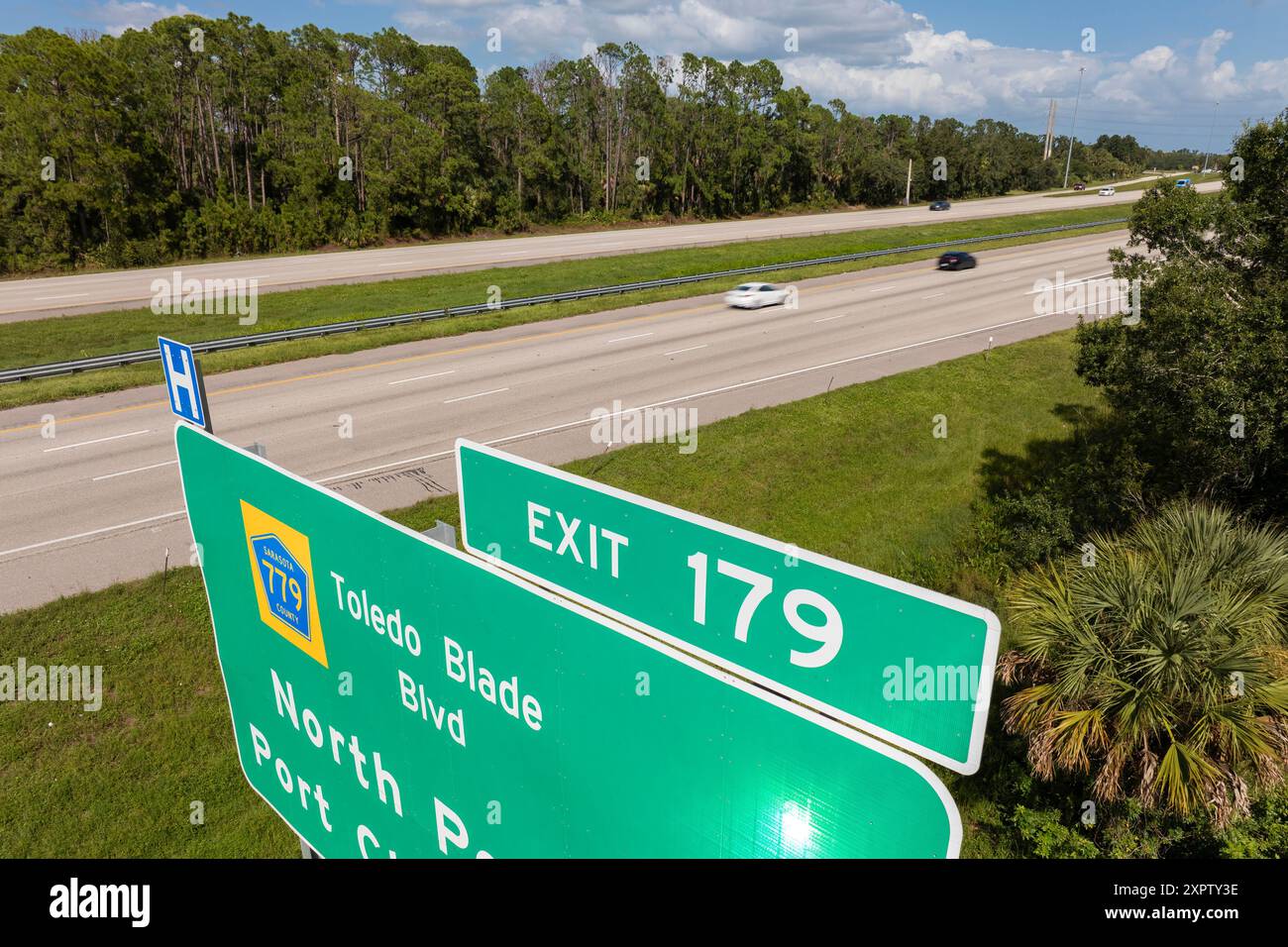 American freeway exit sign in Florida. I-75 highway junction with ...