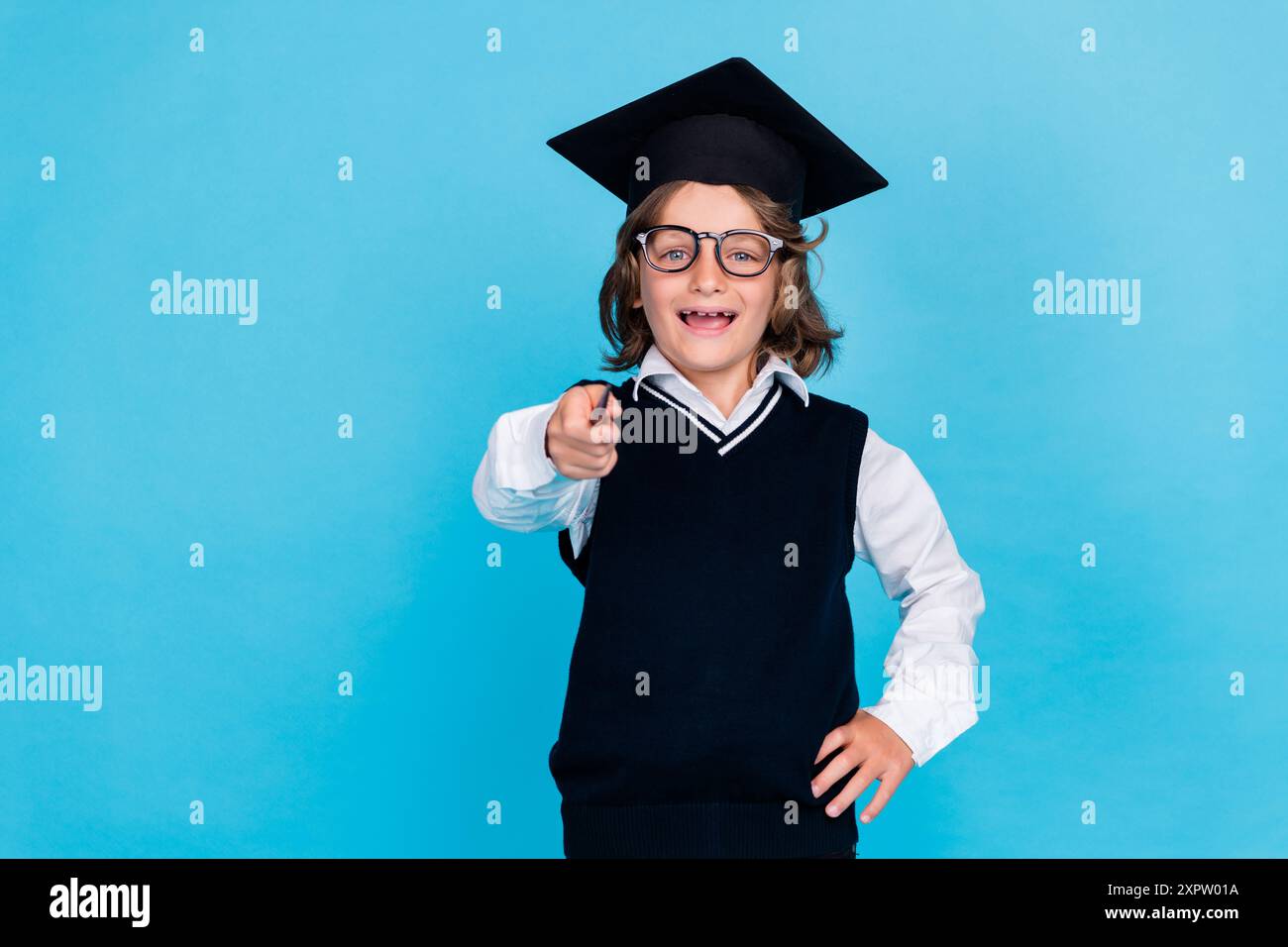 Photo of smart diligent cheerful boy wear uniform study school hold ...