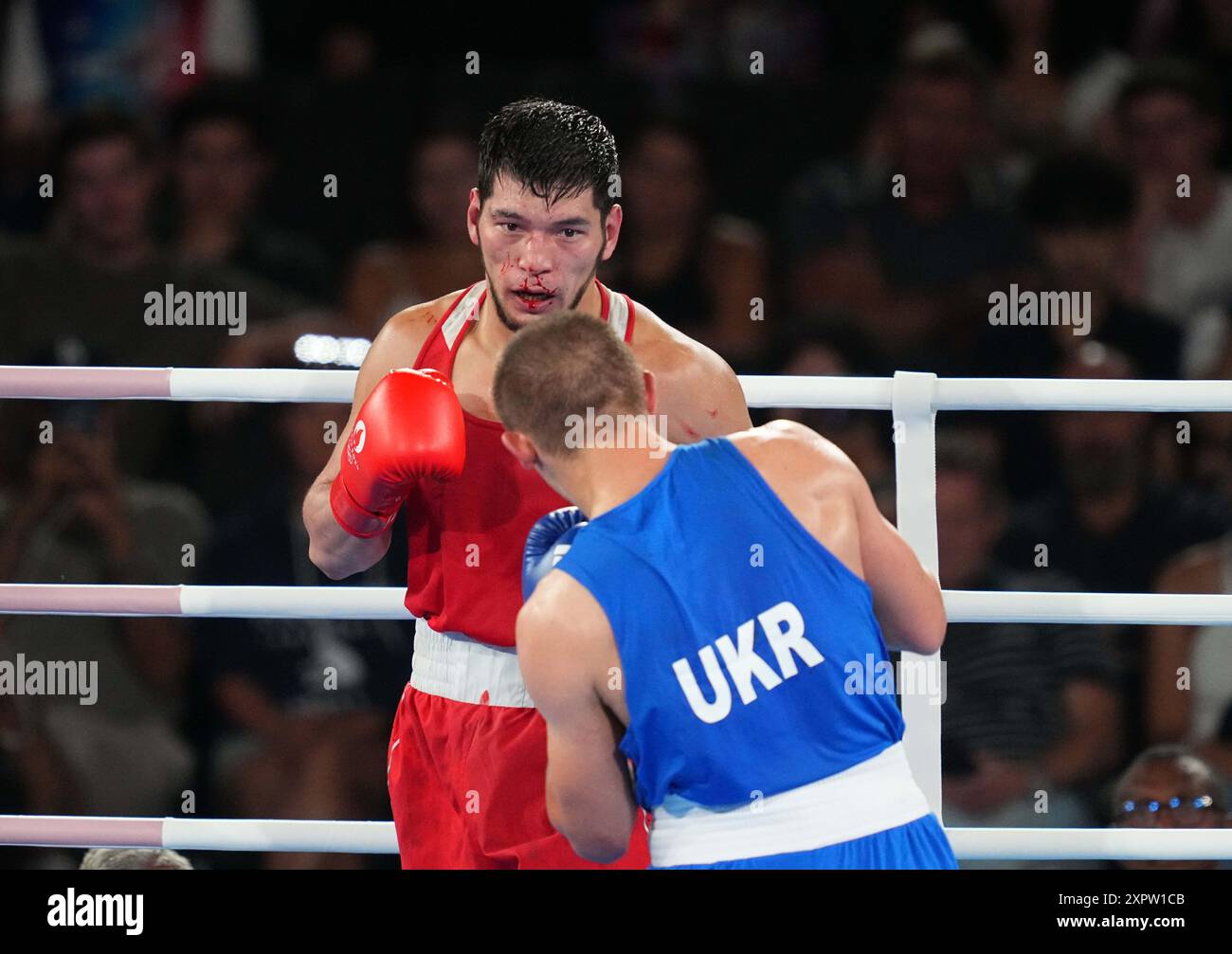 August 07 2024: Nurbek Oralbay (Kazakhstan) during his Men's 80kg final against Oleksandr ...