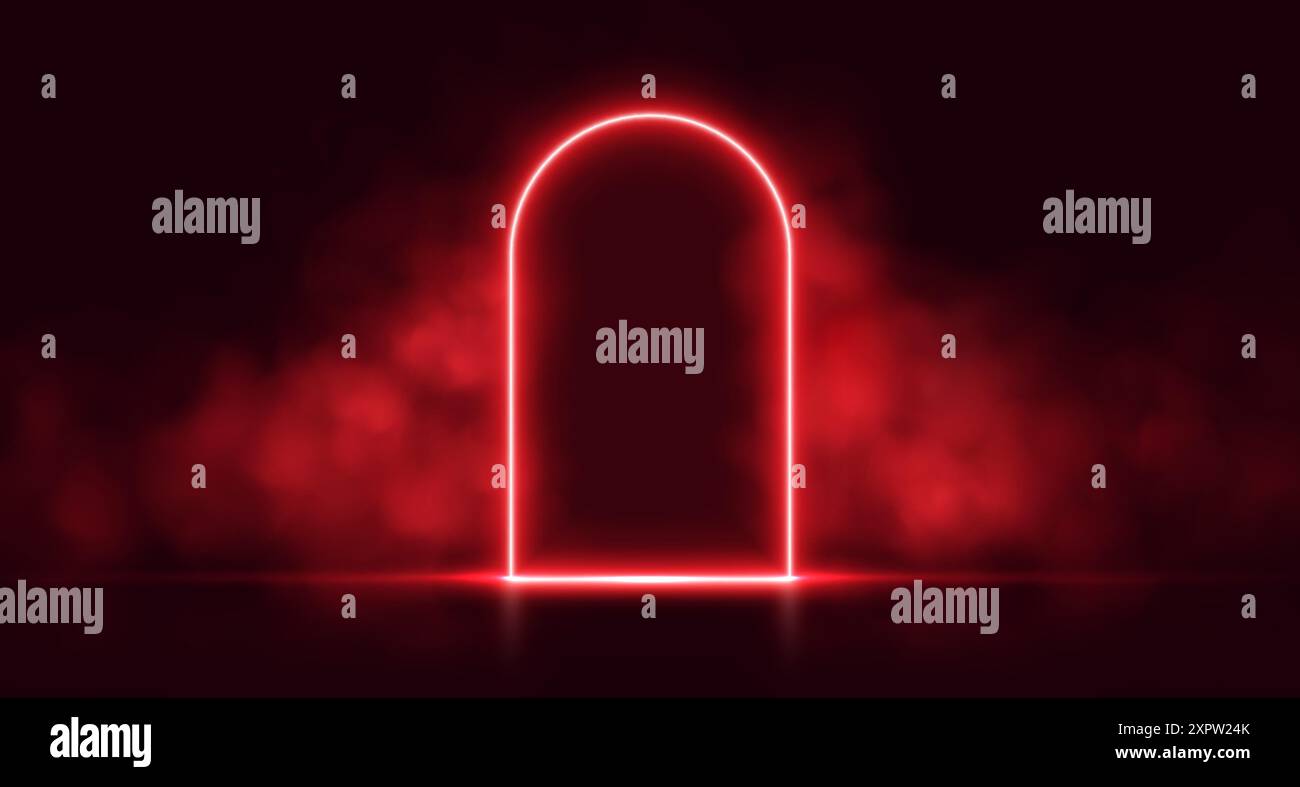 Neon door with smoke, red glowing portal, futuristic arch gate, magic ...