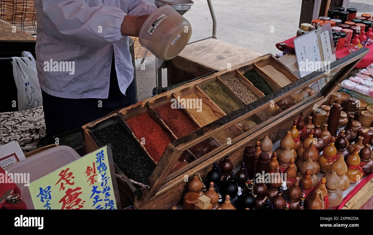 Tokyo- May 5 2024: the hawker sell the Shichimi in Sugamo. Shichimi is ...